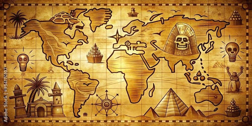 Mummy tomb treasure map silhouette ancient parchment mysterious cryptic ...