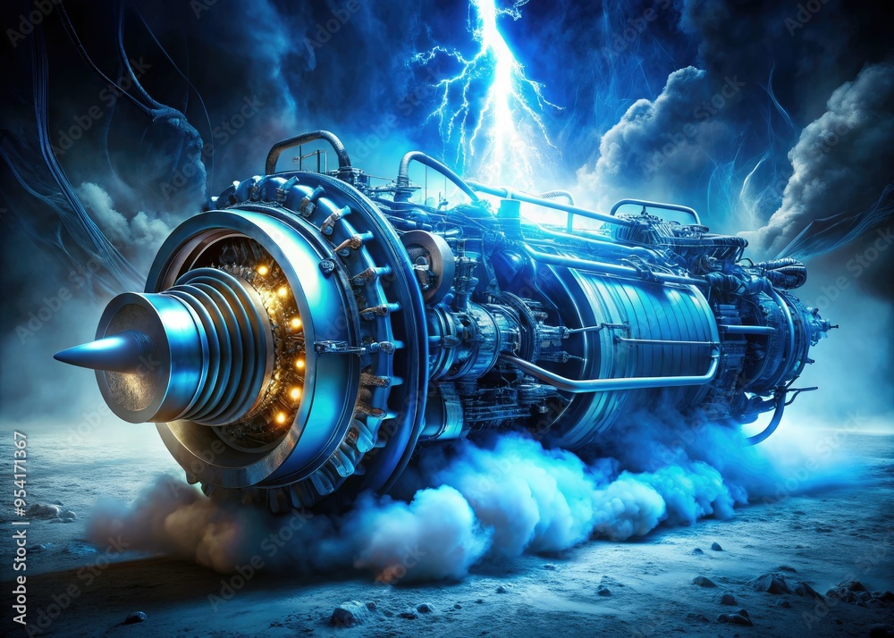 surreal, dreamlike scene of a colossal, glowing, electric-blue engine ...