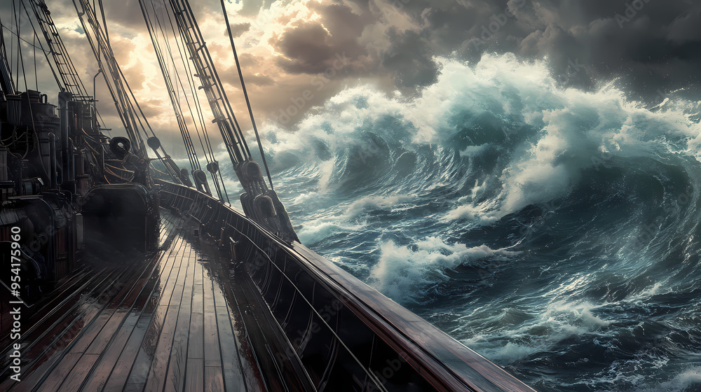 Atmospheric perspective from a ship's deck facing a gigantic wave ...