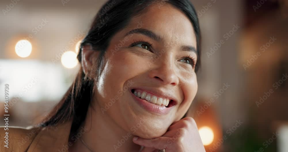 Woman, thinking and daydream of future in home, inspiration and ...