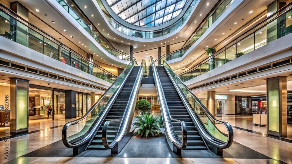 Modern shopping mall interior featuring sleek silver escalators with ...