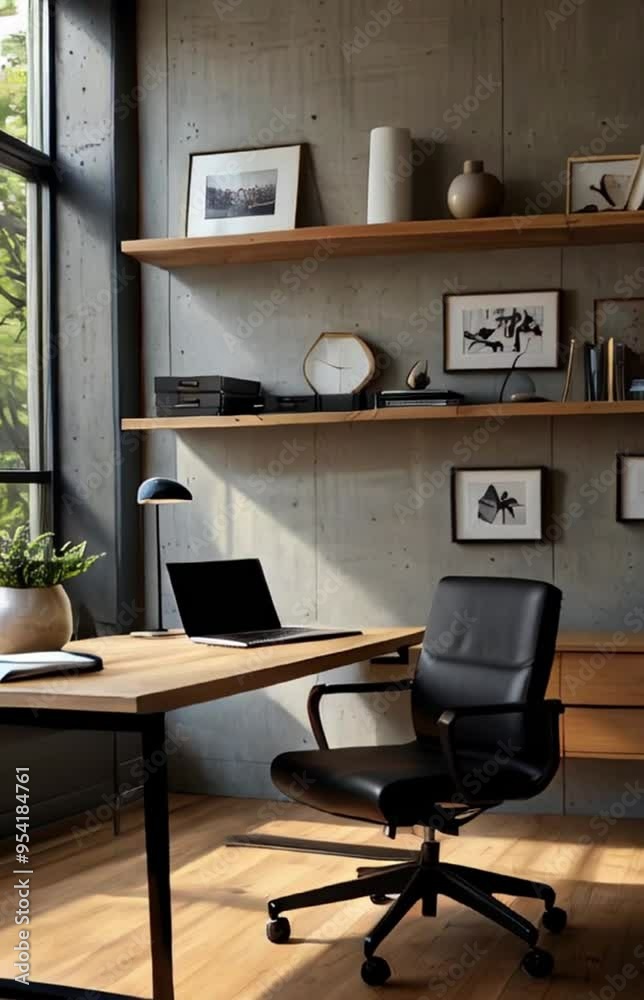 Imagine a minimalist home office with a sleek, modern desk, ergonomic ...