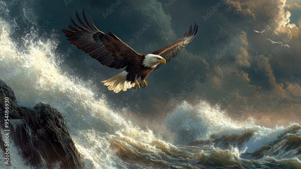 Bald eagle flying over a coastal cliff, with waves crashing below ...