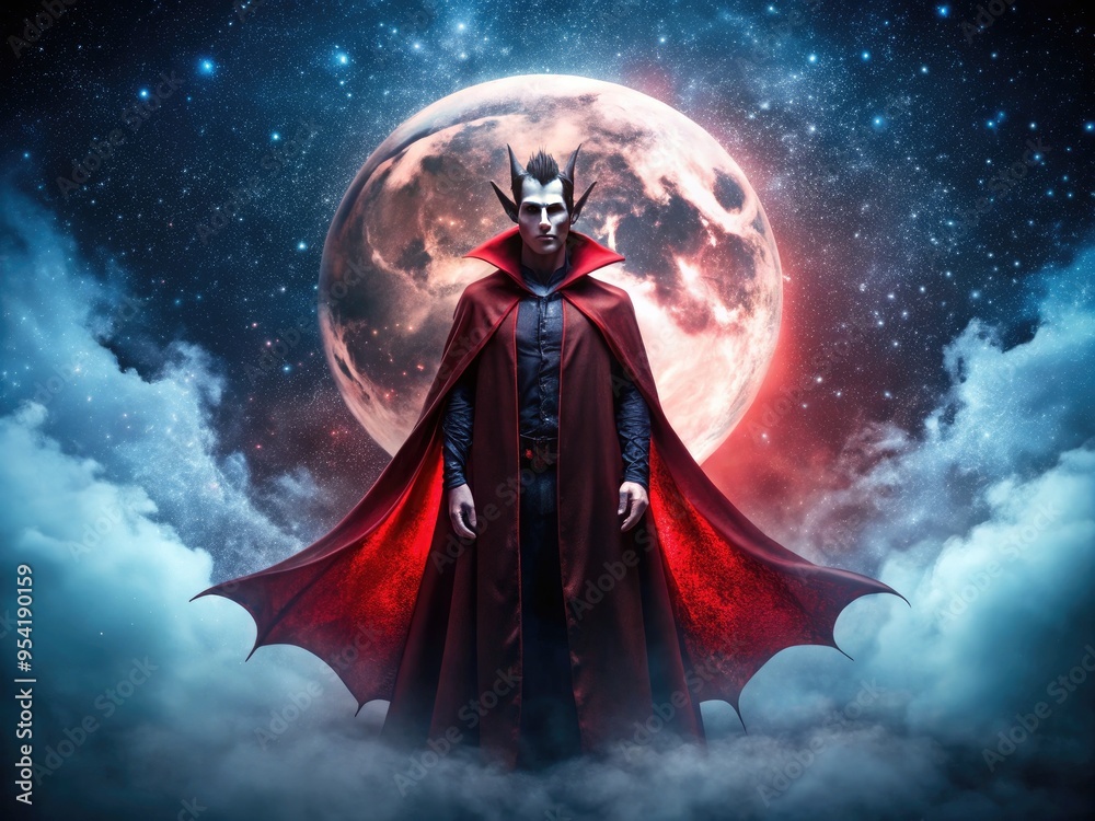 Mysterious blood-red moonlit silhouette of a gothic-inspired vampire ...