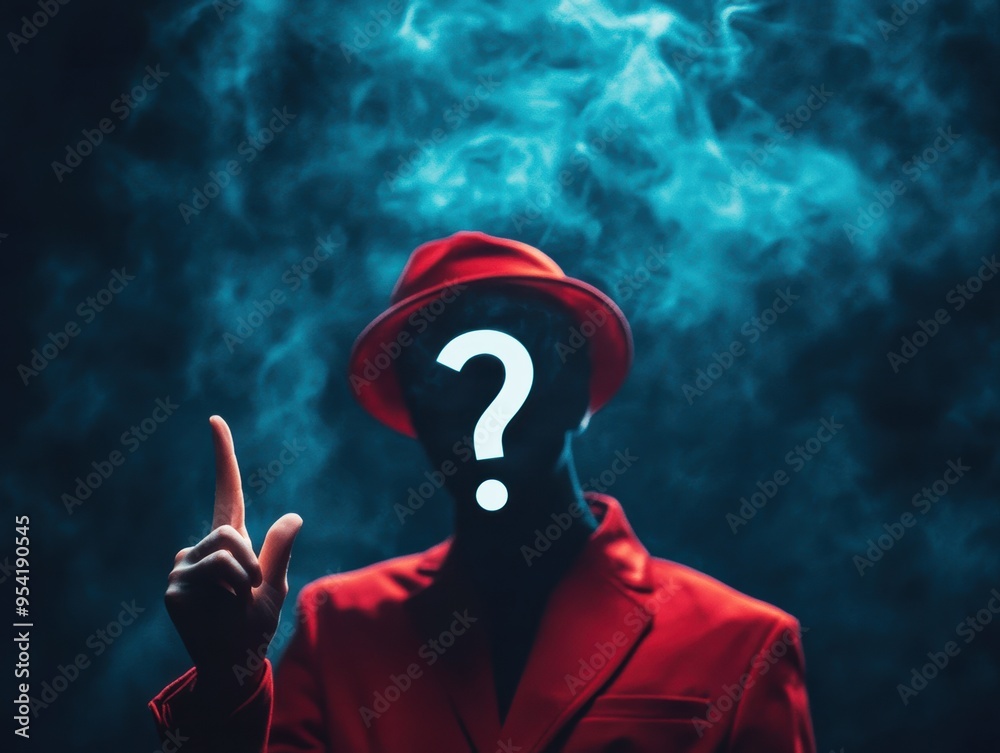 Mysterious figure in a red suit and hat with a question mark face ...