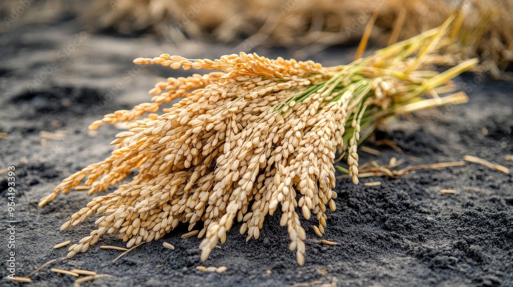 Harvested ears of rice bundled together, laying on the ground ...