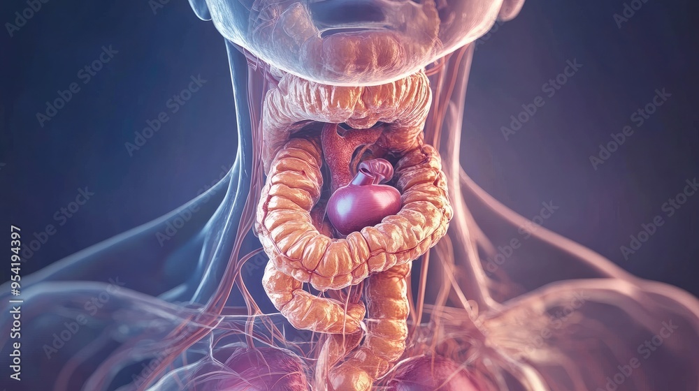 Medical illustration showing the esophagus and surrounding organs ...