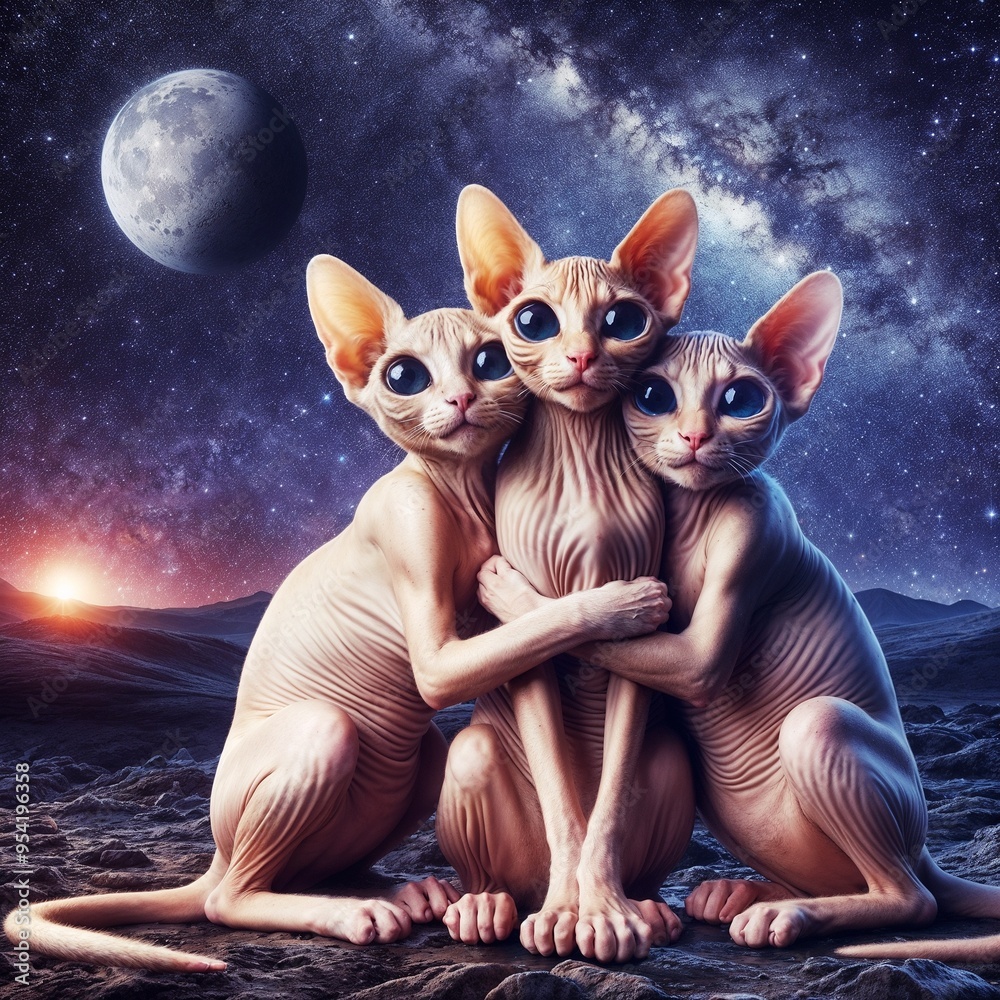 Three alien sphynx cats hugging, standing on a planet in outer starry ...