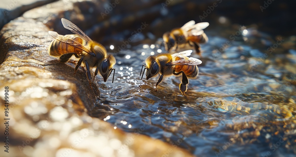 Bees clustered at the water’s edge, sipping from an outdoor pool, with ...