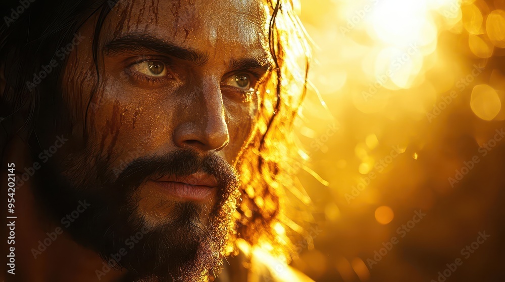 ethereal portrait of jesus with piercing compassionate eyes soft golden ...