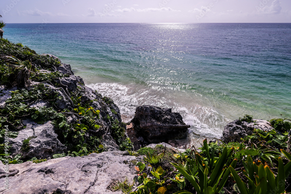 Poster Tulum Ruins and Palm Tree, Tulum beach, Mayan ruins of Tulum at ...