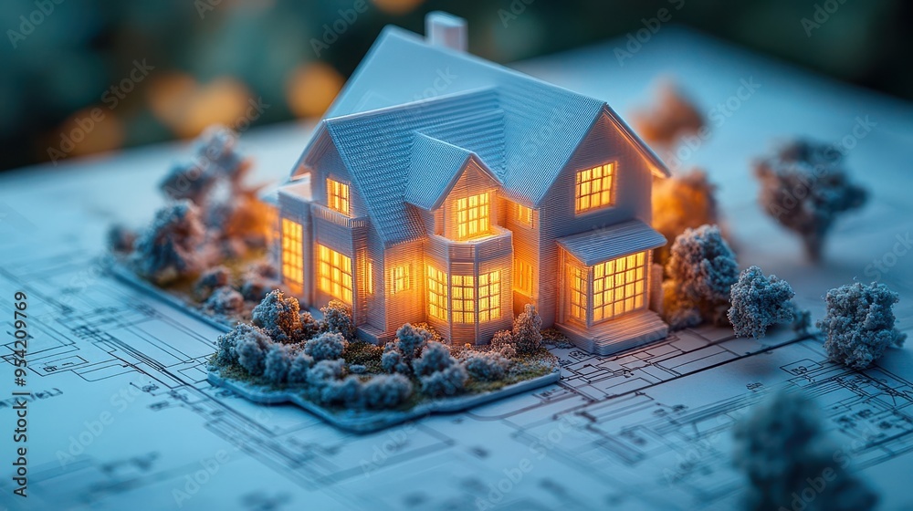 miniature 3dprinted house model placed on detailed architectural ...