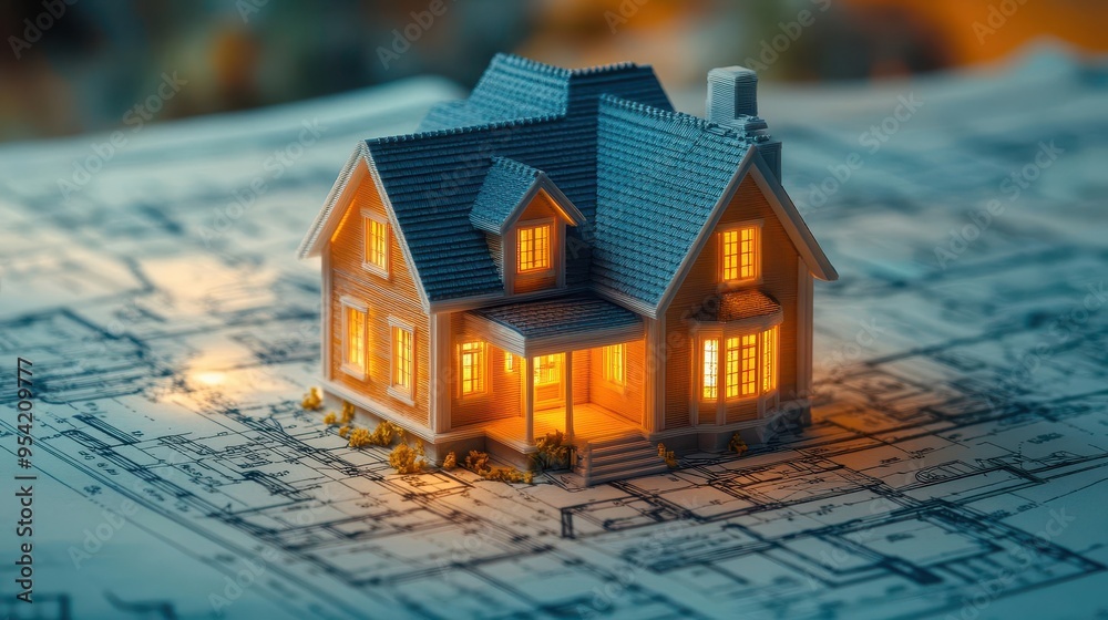miniature 3dprinted house model placed on detailed architectural ...