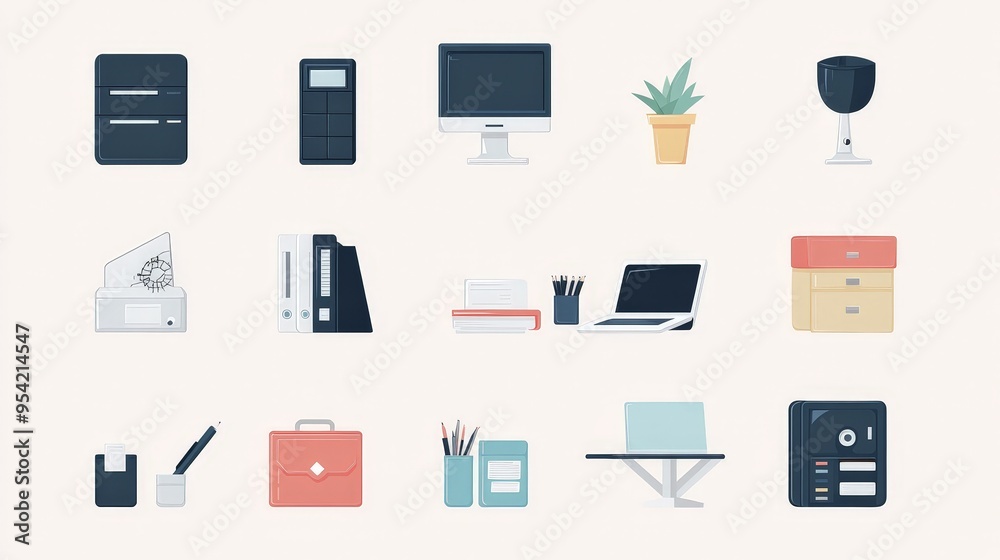 Design a collection of office icons, featuring symbols for computers ...