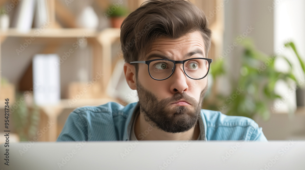 Portrait of confused man looking at computer screen. Puzzled employee ...
