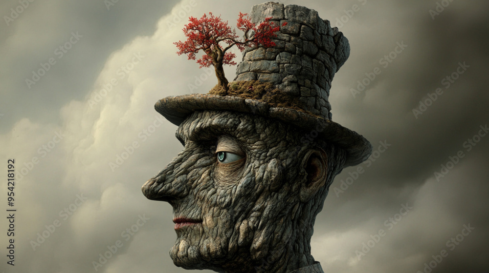 Stone Man with Tree on Head: A surreal, enigmatic portrait of a stone ...