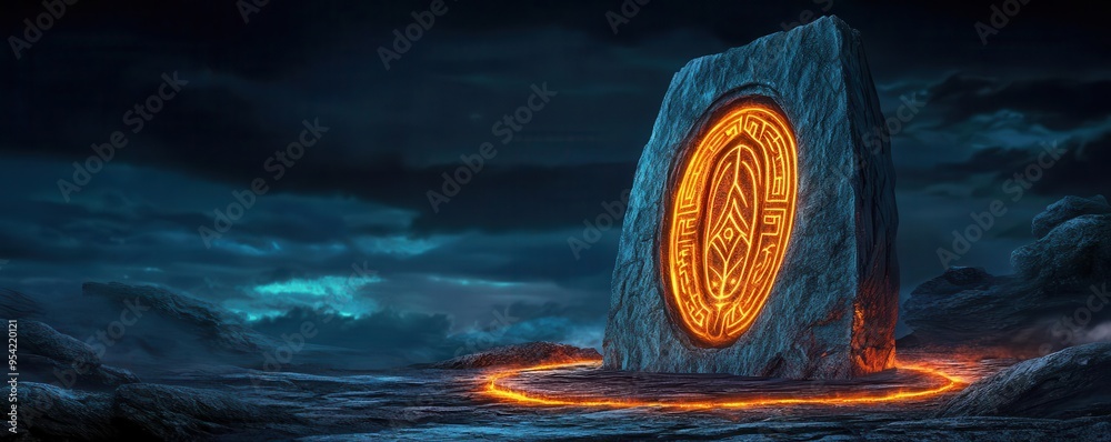 Alien monument with glowing runes, set against a dark sky, with eerie ...