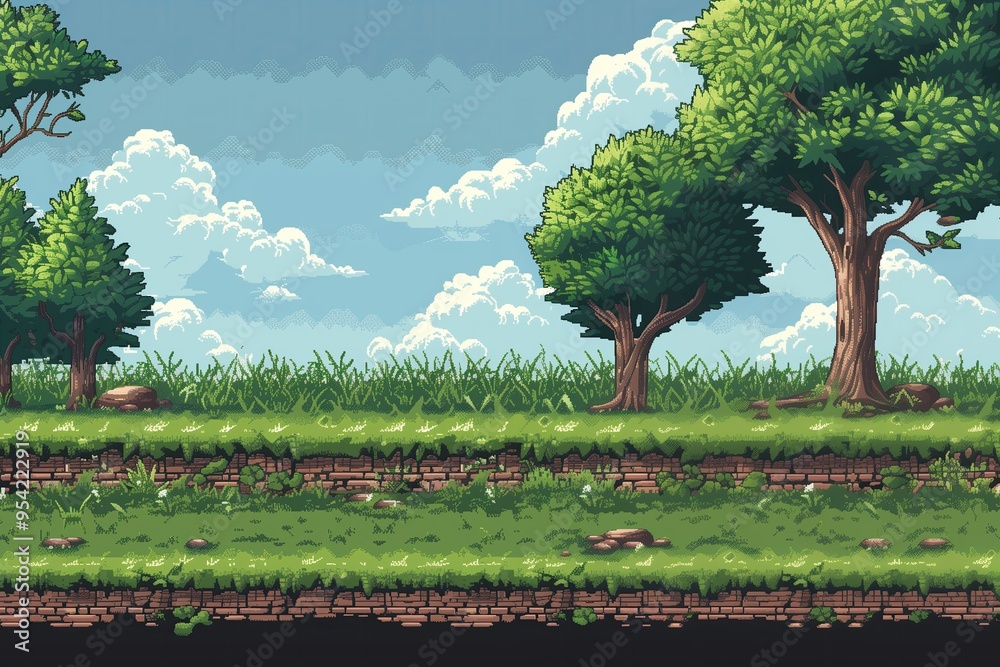 Pixel Art Spring Summer Nature Landscape, Video Game Outdoor Platformer Asset Background, 8bit ...