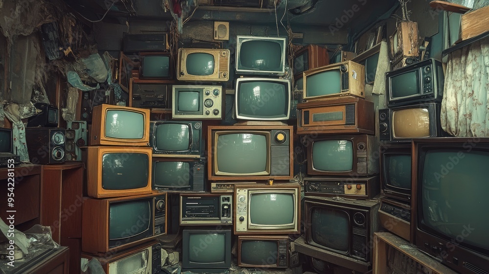 Antique TV sets with wooden frames and knob controls, stacked in a ...