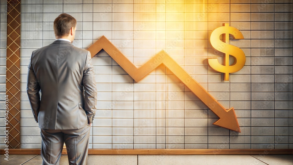 Businessman observing a falling interest rate graph with concern ...