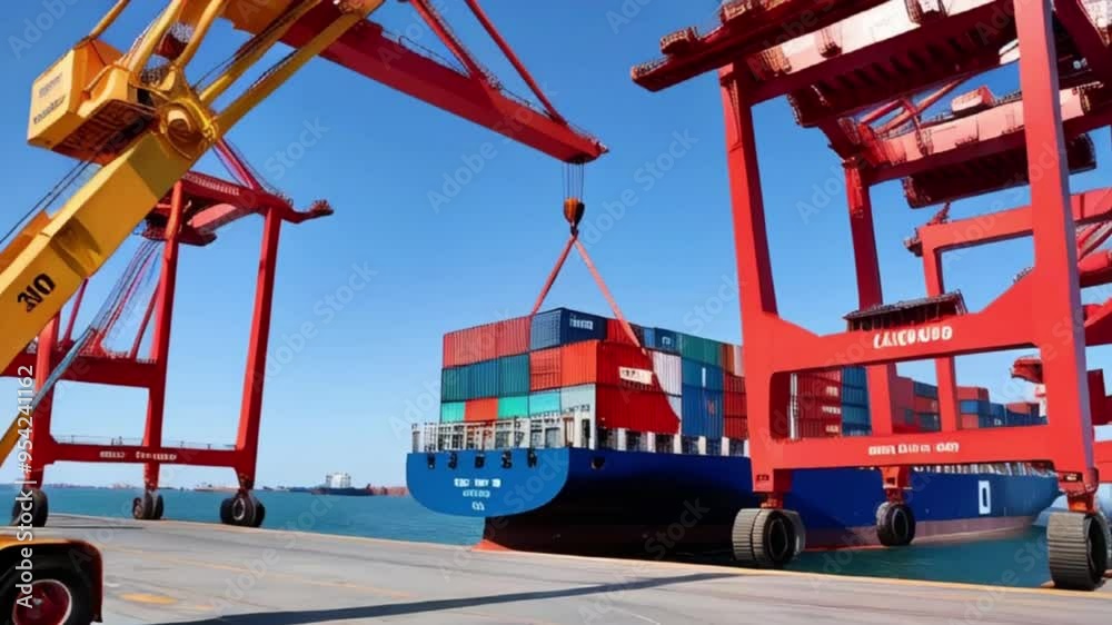 shipping container lifted by crane ready to be loaded onto cargo ship ...