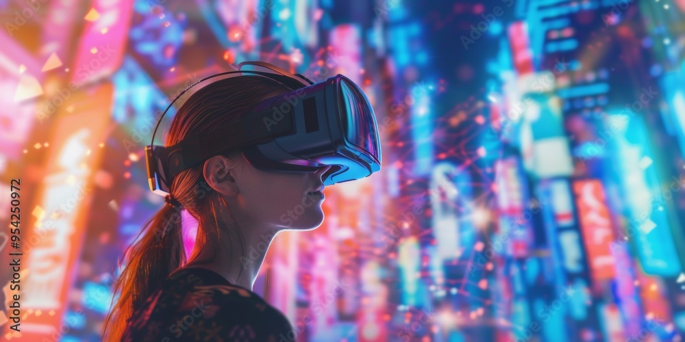 woman in VR headset admiring neon cityscape, alive in cyan and crimson ...