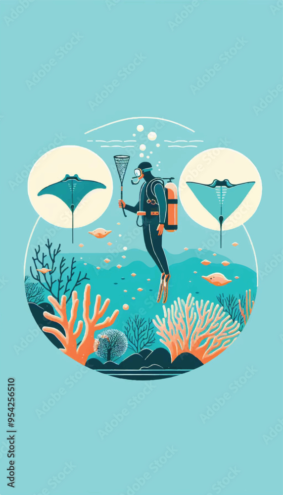 illustration of an oceanographer wearing scuba gear in the ocean ...