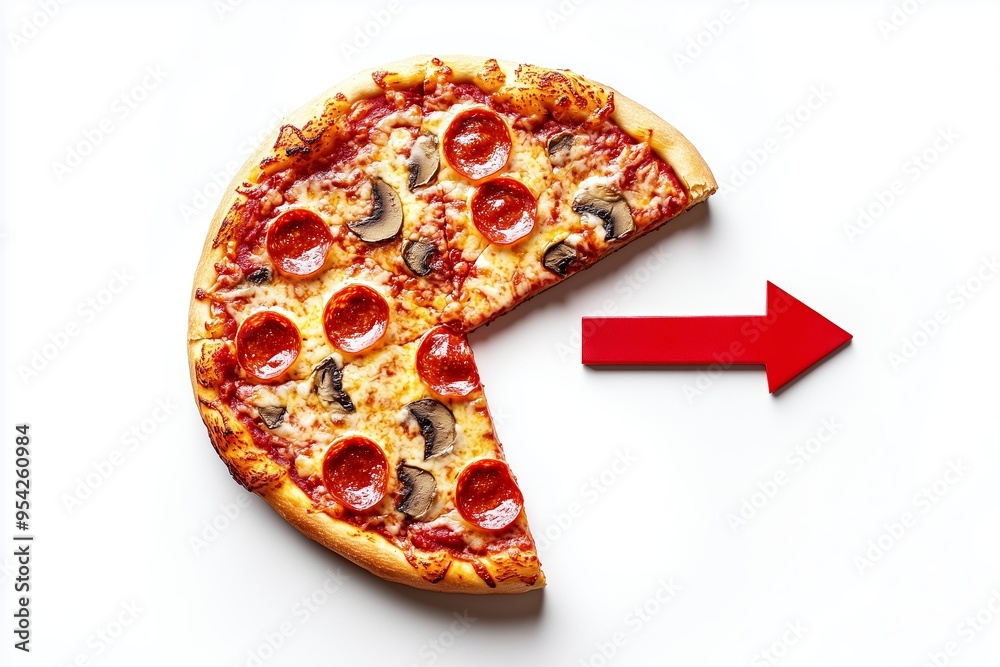 Pizza Time: Slice of pepperoni and mushroom pizza with a red arrow ...