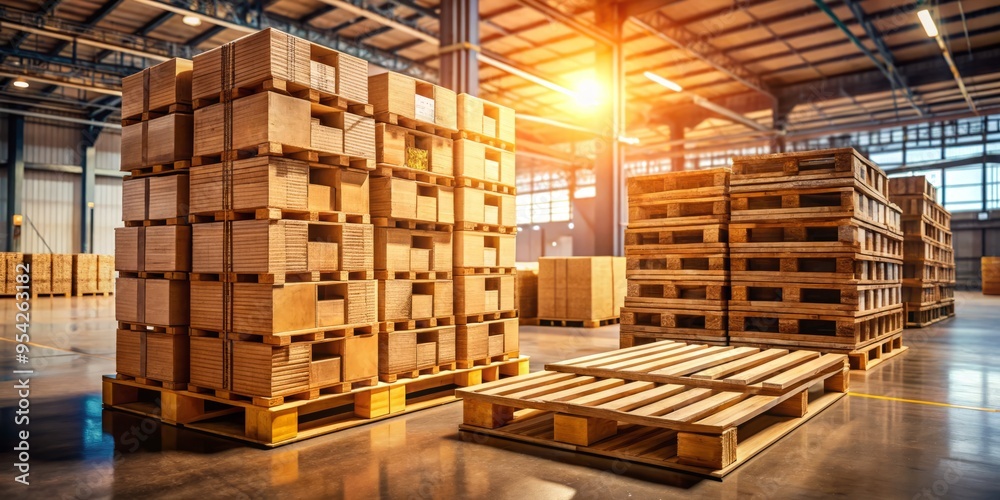 Stacked wooden pallets with brown cardboard boxes and crates in a ...