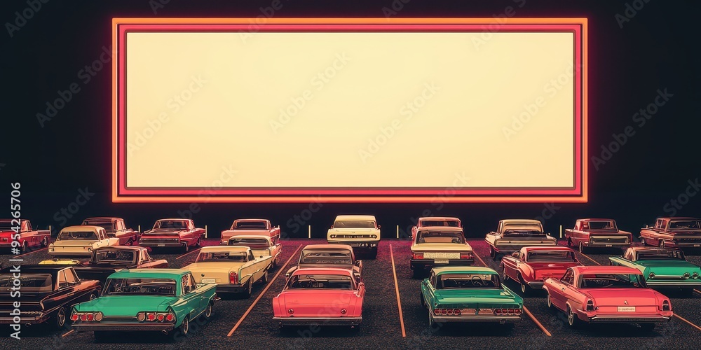 Retro Drive In Movie Theater with Vintage Cars and Blank Screen Stock ...