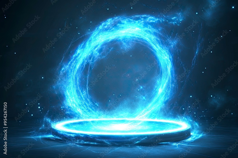 Portal light effect on a dark background. Light bright blue swirl ...