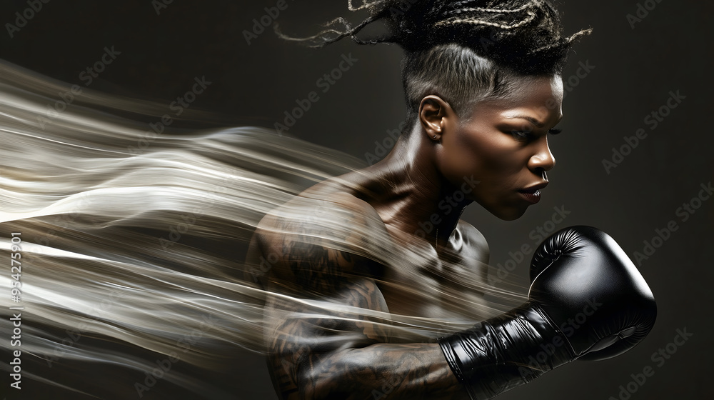 Powerful female boxer with tattoos delivering a punch in dynamic motion ...