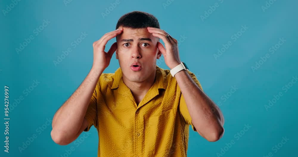 Face, surprise and man with announcement, gossip and emoji reaction on ...