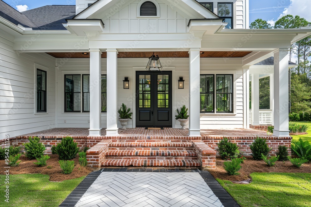 White farmhouse front porch with black steel door, red brick ...
