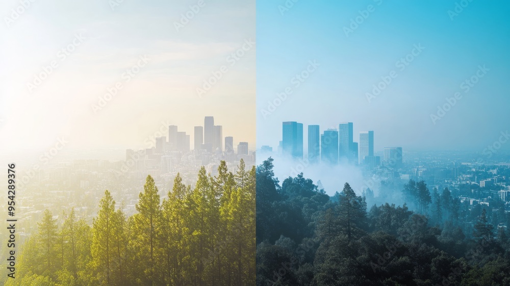 blue sky above a healthy forest compared to a smog-covered city skyline ...