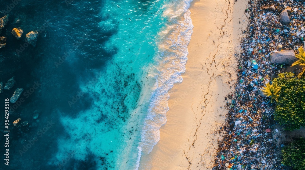 Aerial view of pristine beach with clear blue water next to a polluted ...