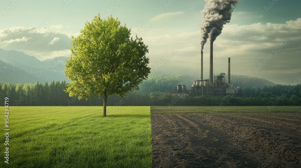 Compare a green tree and meadow with clear air to a factory emitting ...