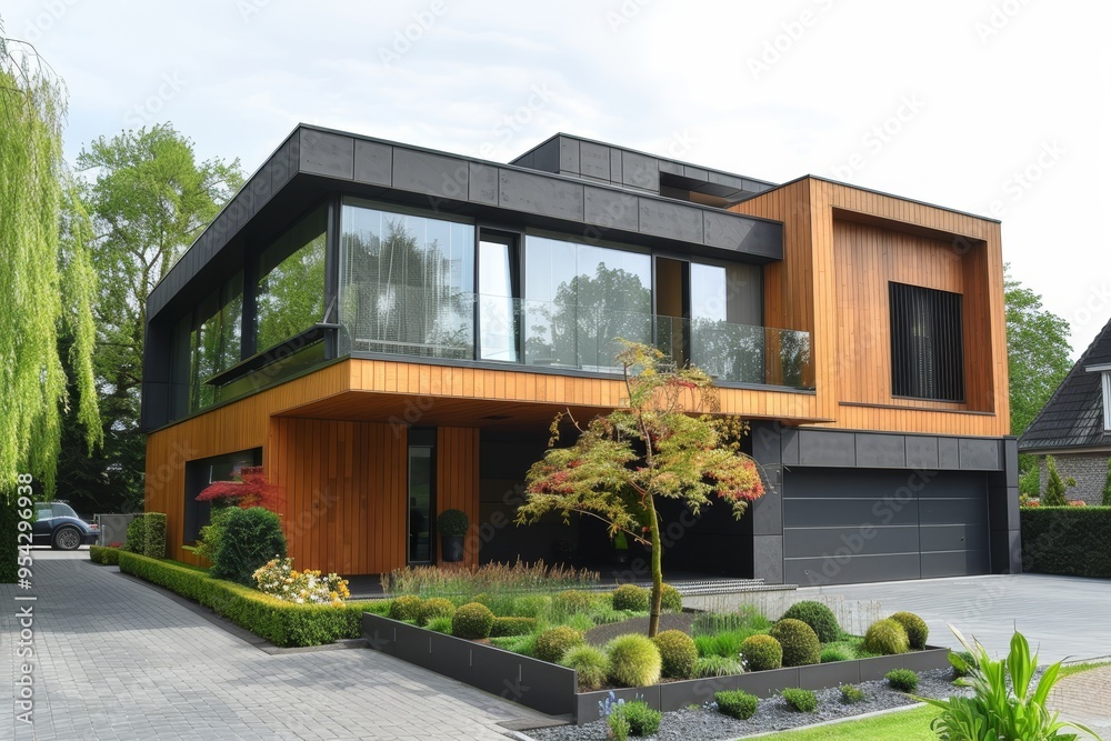 Sleek minimalist villa design with wooden cladding, black panels, and ...