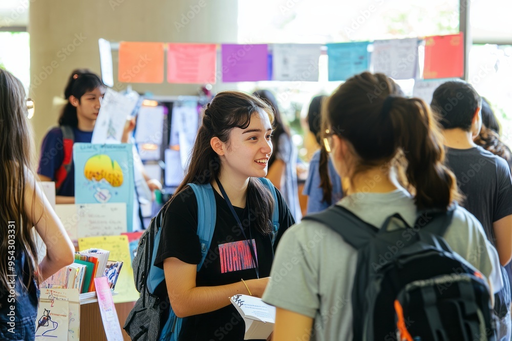 A campus club fair in full swing, with students visiting booths and ...