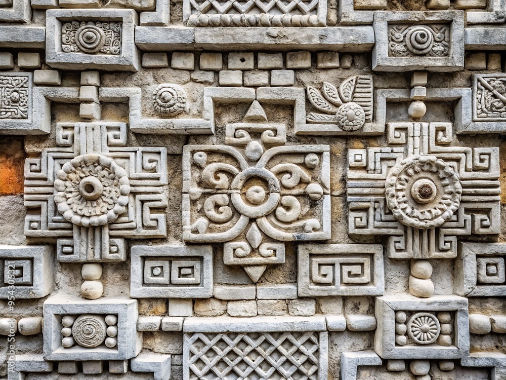 Ancient Mesoamerican-inspired white and grey brick wall with intricate ...