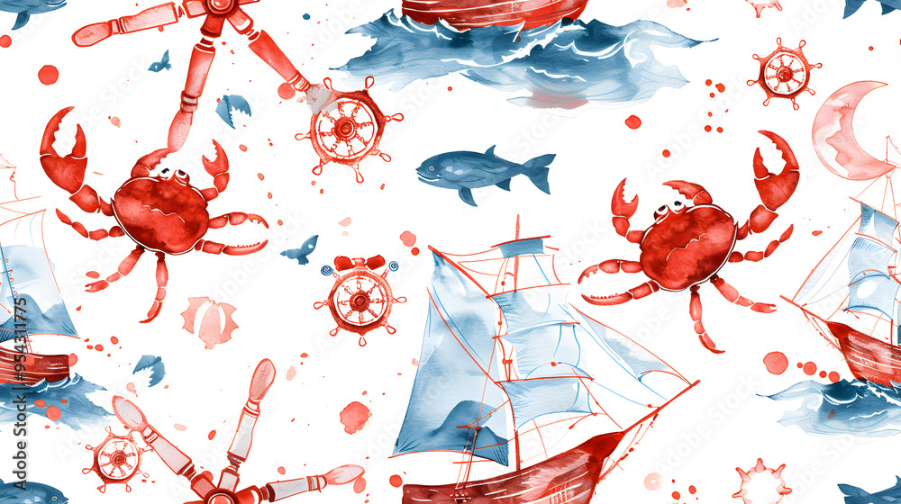 A lively seamless nautical pattern featuring red crabs, sailing ships ...