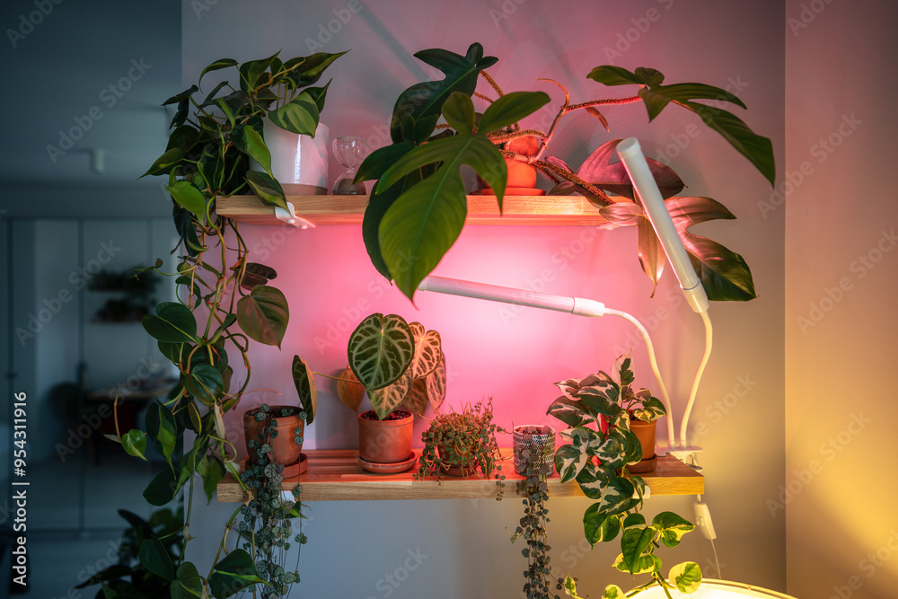 Indoor plants under phytolamps on wooden shelf at home, making up for ...