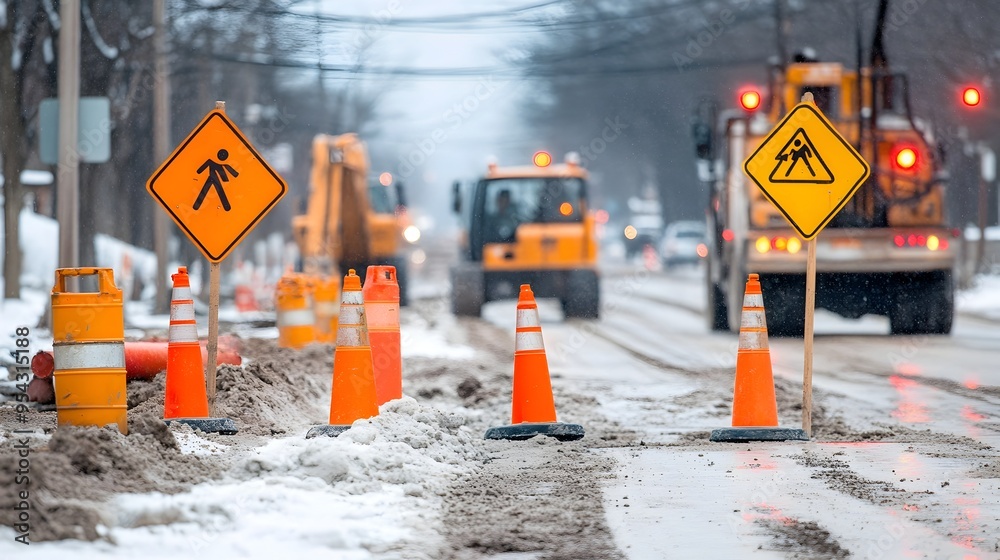 Road Construction Site with Orange Cones and Safety Signs Indicating ...