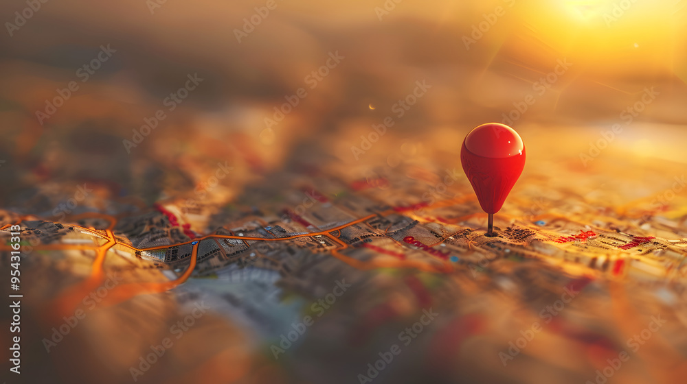 A red location pin marks a specific point on a blurred map, symbolizing ...