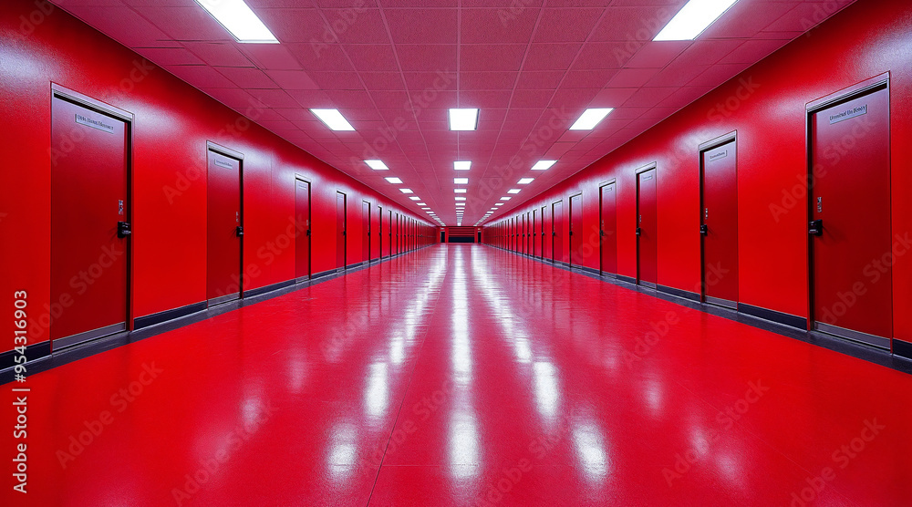 Red interior hallway corridor symmetrical perspective, Glossy empty futuristic passage of ...