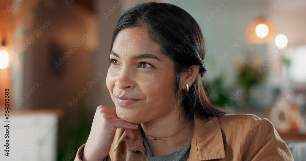 Woman, thinking and ideas for future in home, inspiration and remember ...