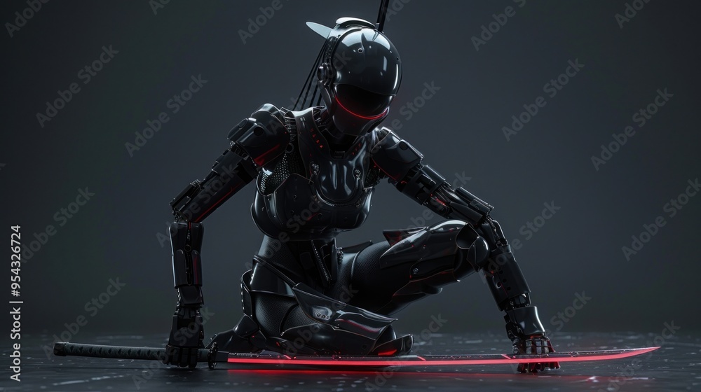 Futuristic modern cyborg woman kneeling on one knee while holding a ...
