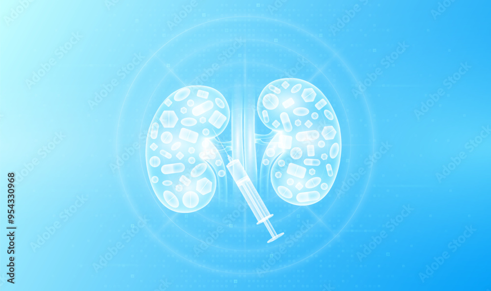 Medicine pills various kinds in kidney human and syringe. Overtreatment ...