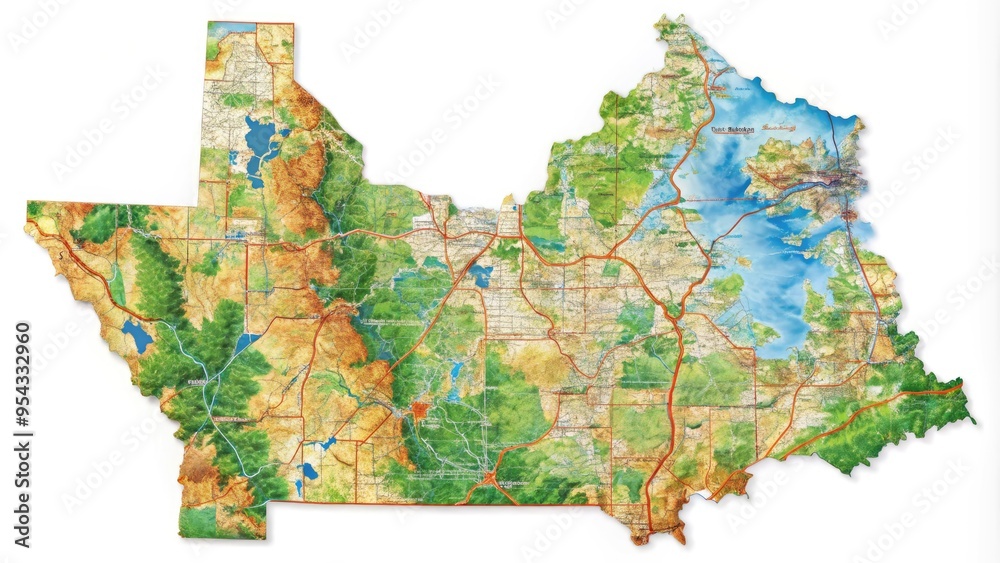 Vibrant digital map of Idaho with detailed state boundaries, highways ...