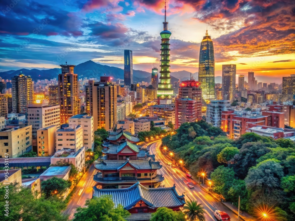 Vibrant illustration of Taipei City's intricate street network ...